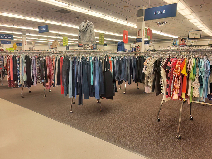 The clothing section: organized by type and color, making your treasure hunt for that perfect vintage jacket surprisingly efficient.