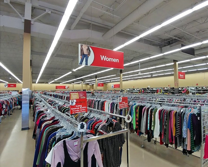 The clothing section stretches toward the horizon like a textile ocean, with waves of fabrics organized by color, size, and season.