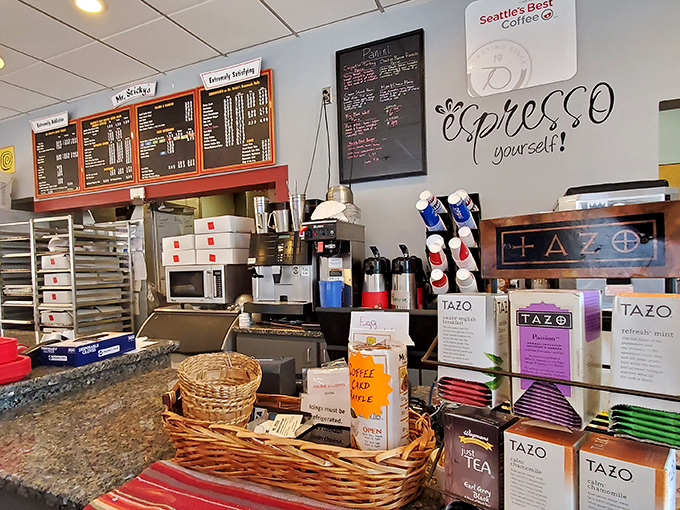 Coffee station stocked with Tazo teas and all the essentials. Because something needs to cut through all that glorious sweetness.