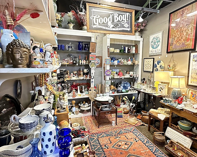 A treasure hunter's paradise where Buddha statues mingle with vintage glassware in a delightful jumble of decades and continents.