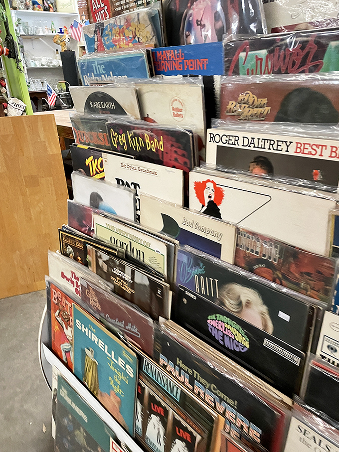 Vinyl revival! These record bins hold musical time machines, each album cover art a window into decades past when music was something you could actually hold.