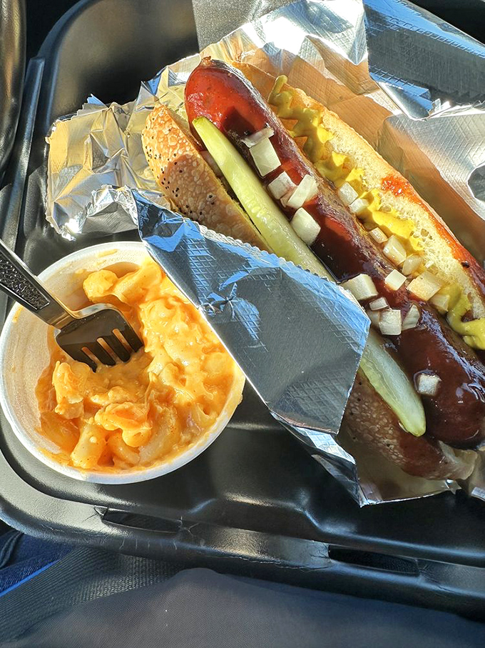 A barbecue hot dog elevated to art form, with that side of mac and cheese playing a supporting role worthy of an Oscar.