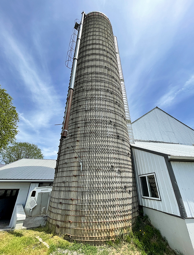 Engineering marvel of rural America&mdash;this towering silo stands as a testament to agricultural ingenuity and the practicality of Amish-country design.