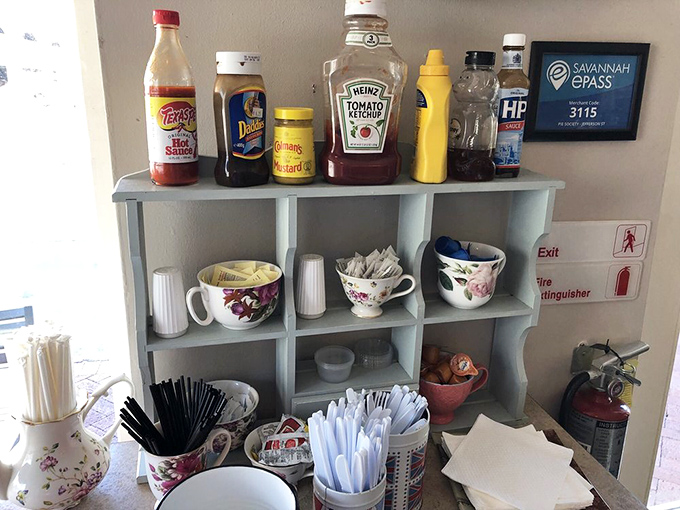 The condiment shelf speaks volumes&mdash;HP Sauce and proper tea cups signal authenticity that can't be faked or rushed.
