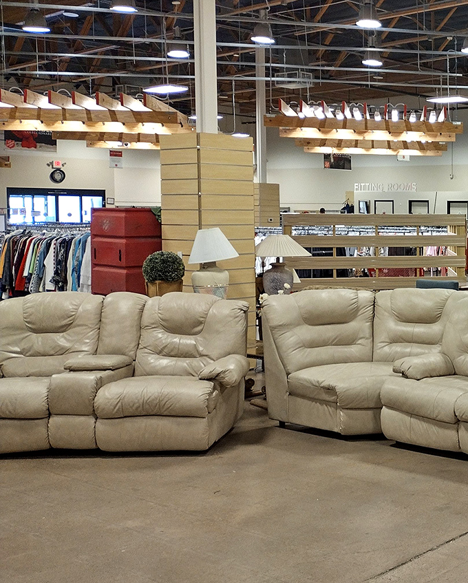 The furniture section's cream-colored couches invite weary shoppers to test their comfort level before committing to a new living room centerpiece.