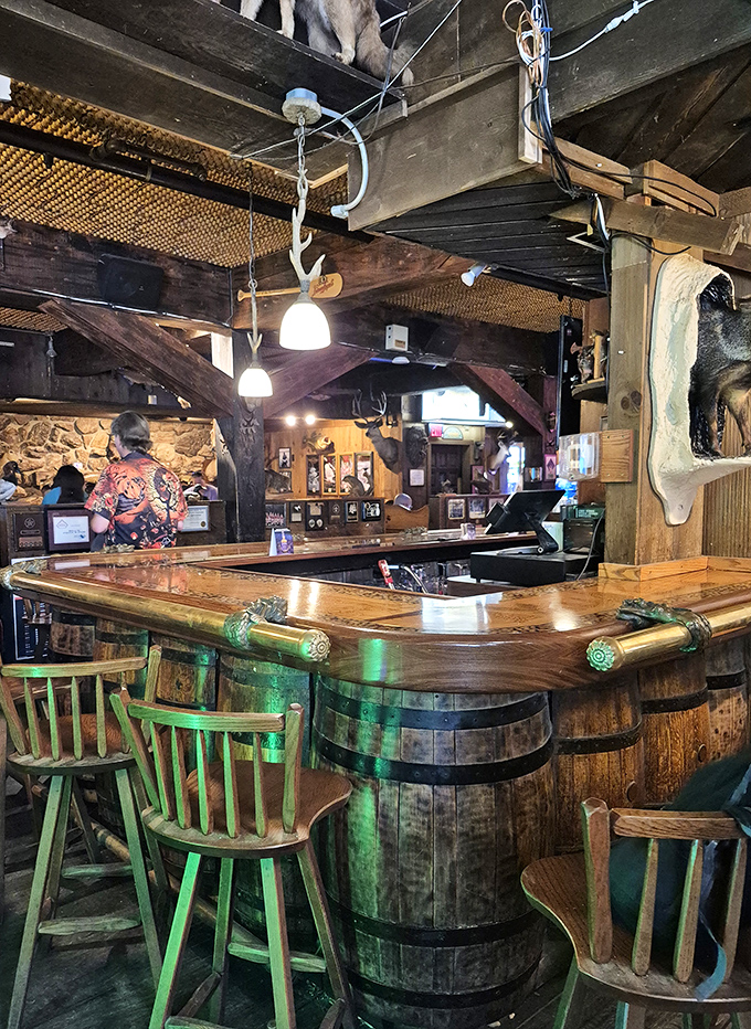The barrel-based bar looks like it was designed by someone who watched "Bonanza" while drinking bourbon. And that's a compliment.