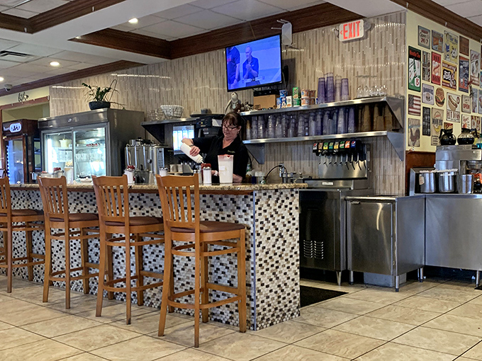 Behind the counter magic happens with military precision, where coffee is always brewing and orders fly from server to kitchen with practiced efficiency.