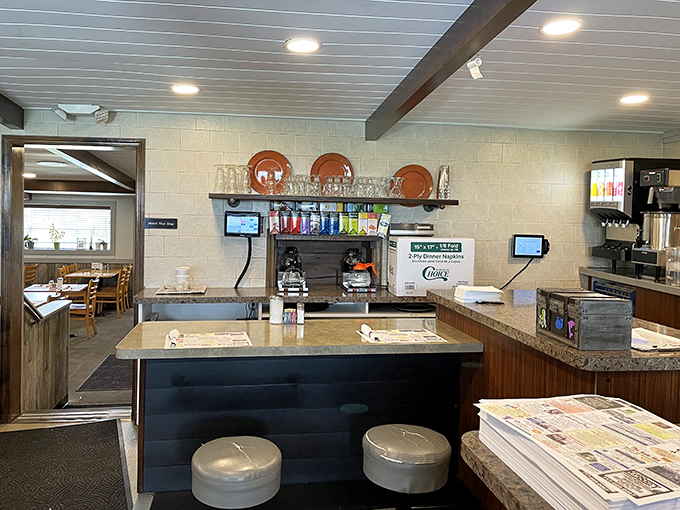 The counter area&mdash;command central for coffee refills and friendly banter. Those stools have heard more local stories than the town newspaper.