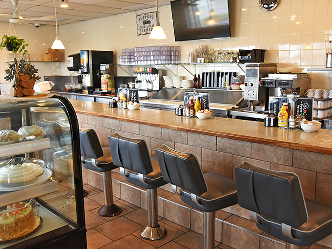 The counter seating offers front-row tickets to the culinary show, with the bonus of watching fresh-baked pies cooling in their display case.