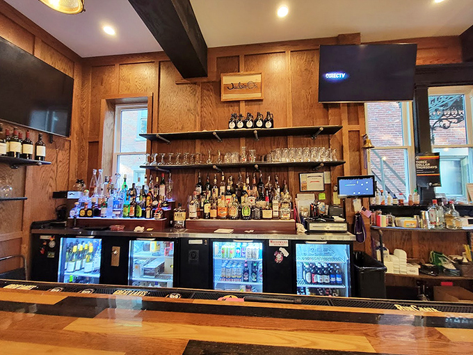 Behind this bar is where the magic happens&mdash;wood, bottles, and the promise of perfectly poured pints.