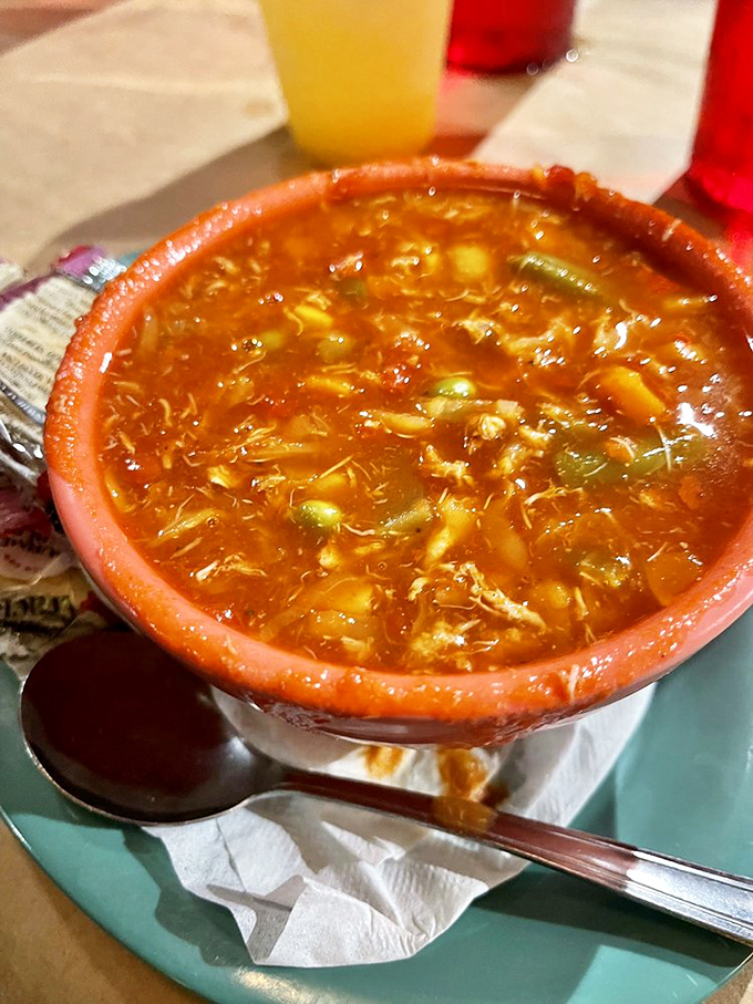Maryland crab soup that looks like it contains half the Chesapeake in each spoonful. A tomato-based treasure hunt of vegetables and crab.