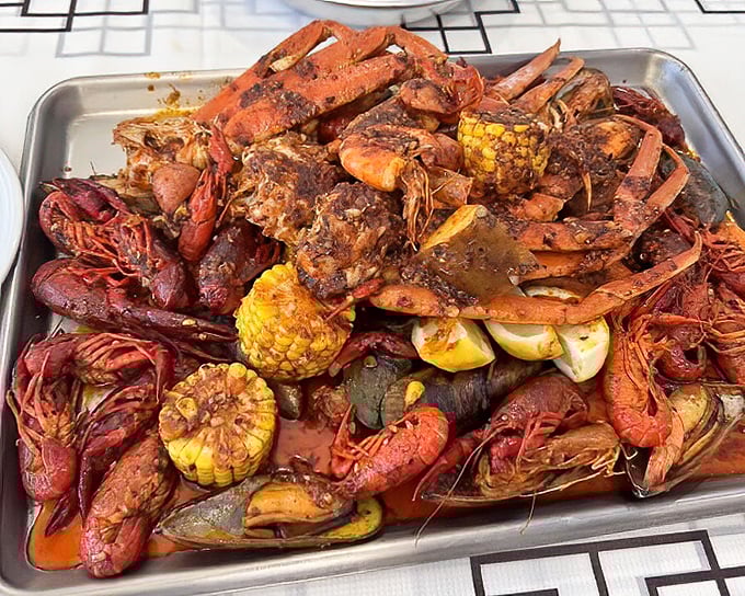 The seafood boil in all its glory&mdash;a magnificent mess of crawfish, corn, and potatoes. Spice-crusted crustaceans demanding to be devoured.