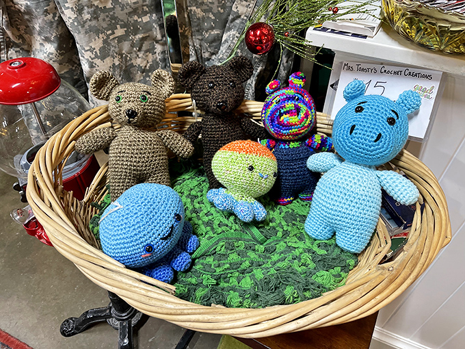 Handcrafted crocheted creatures with button eyes and yarn smiles wait patiently for the next child who needs a soft friend for adventures.