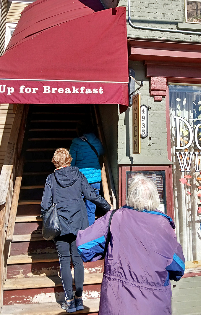 The pilgrimage begins&mdash;breakfast seekers ascending the stairs like climbers tackling a delicious mountain with syrup at the summit.