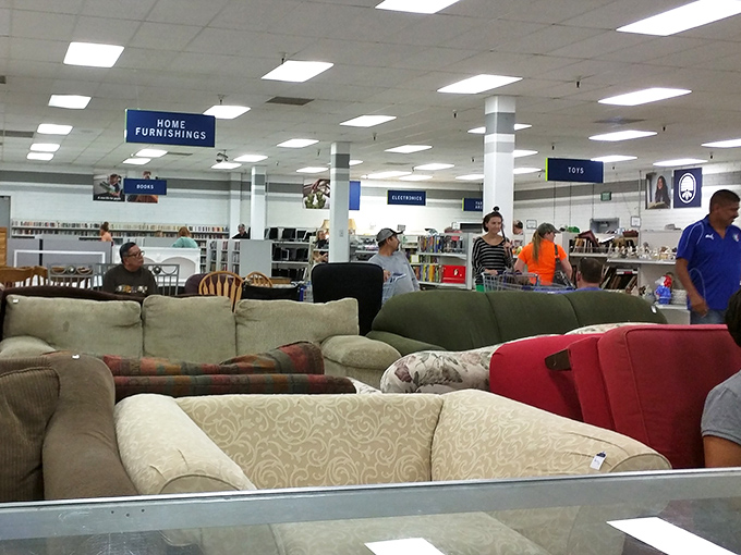 Shoppers navigate furniture displays like they're solving the world's most rewarding maze with actual prizes at every turn.