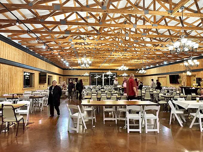Exposed beam ceilings that would make HGTV hosts weep with joy&mdash;the perfect canopy for celebrations and second helpings.