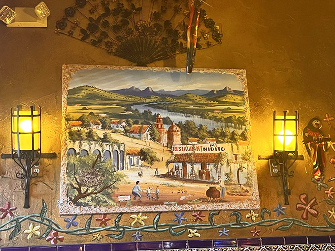 The wall art tells stories of a Mexico perhaps remembered more vividly than reality, but that's the magic of nostalgia served alongside your meal.