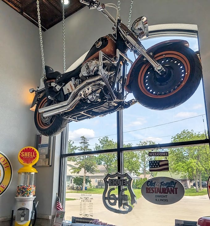 A motorcycle suspended from the ceiling—because great diners understand that atmosphere is as important as what's on your plate. Pure Route 66 magic.