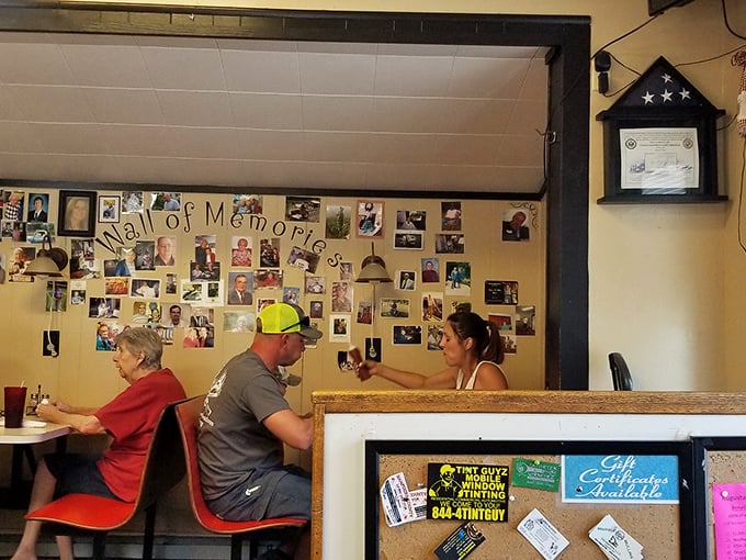 More than decoration, these photos are the diner's living history book. Each face represents countless cups of coffee and shared stories. 