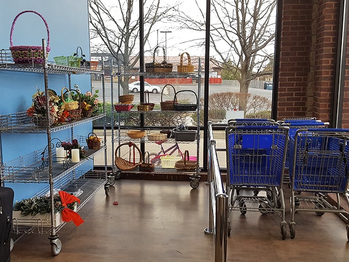 Shopping carts and seasonal decor near the entrance&mdash;the appetizers before the main course of bargain hunting begins.
