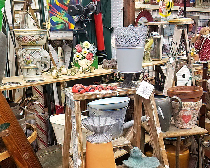 This booth is what happens when your grandmother's attic meets an interior designer's imagination. Buckets, figurines, and treasures that defy categorization.