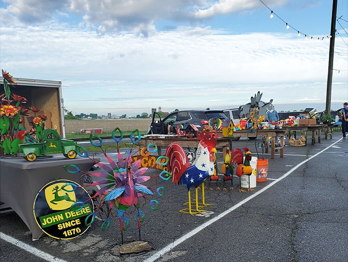 Garden whimsy on display! Metal roosters and colorful pinwheels transform ordinary yards into personal statements of rural charm.