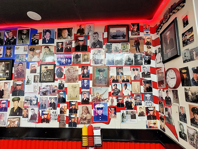 The wall of military photos pays tribute to local heroes&mdash;a reminder that this diner serves up equal portions of community pride and comfort food.