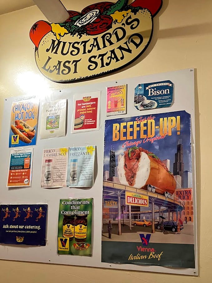 The walls serve as both decoration and historical archive, showcasing decades of Chicago sports pride and hot dog heritage.