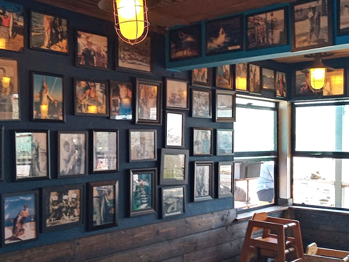 The wall of fishing photos tells stories that don't need words. Each frame captures a moment when the sea gave up its treasures.