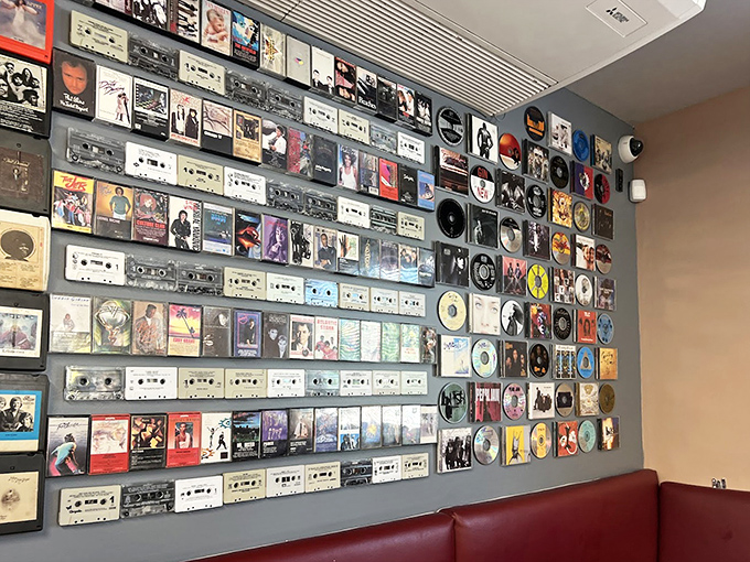 The cassette and vinyl wall isn't decoration&mdash;it's a conversation starter that will have you pointing and saying "I had that album!" all afternoon.