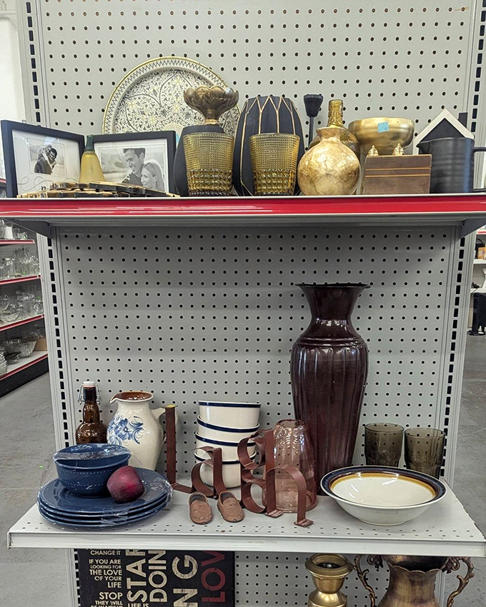 The home d&eacute;cor shelves are a curated museum of American domestic life, where vintage vases neighbor quirky knickknacks in perfect thrift store harmony.