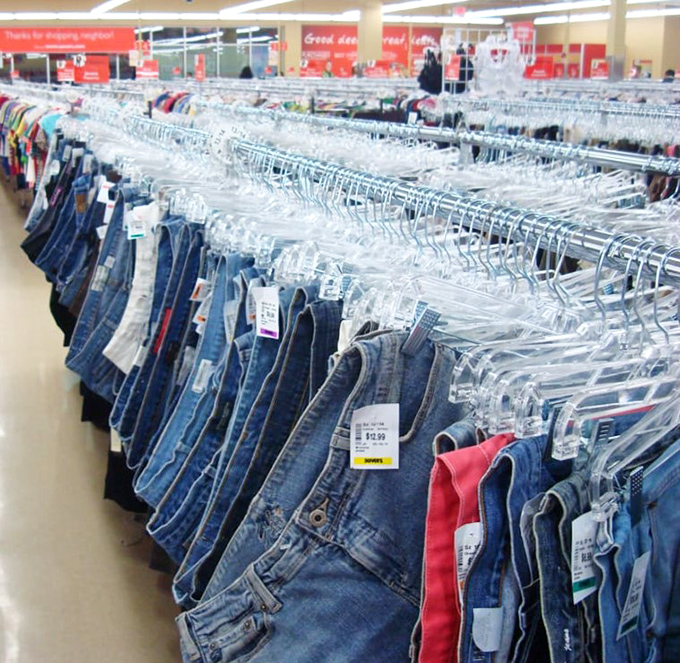 The denim section stretches to the horizon &ndash; a sea of blues in every wash imaginable, waiting to become someone's favorite pair.