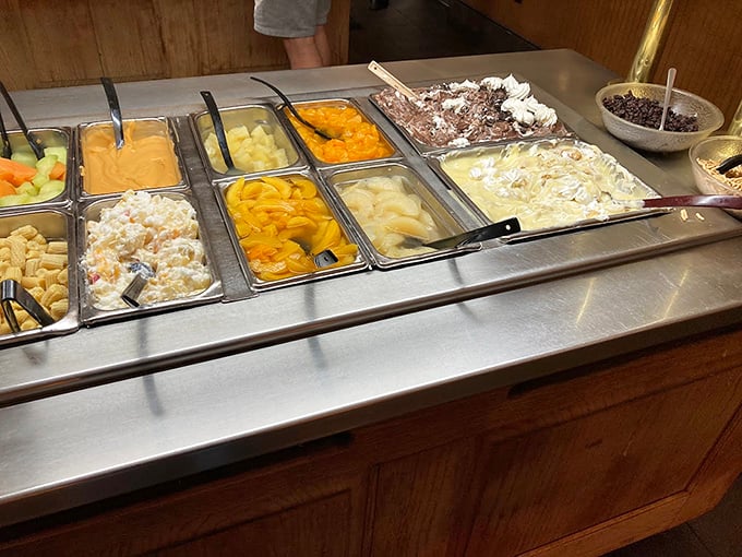 The salad bar offers a rainbow of options. For those who believe vegetables are what food eats before becoming dinner.