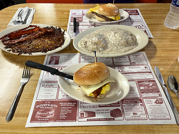 A spread that showcases Ruthie's generous portions – breakfast sandwiches, hash browns, and enough food to fuel a day of Pennsylvania exploring.