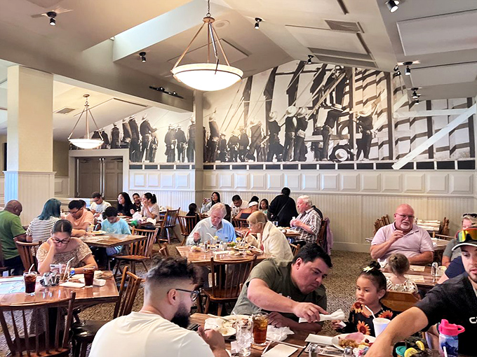 A dining room filled with the universal expression of food happiness &ndash; that momentary silence when everyone's too busy enjoying to talk.