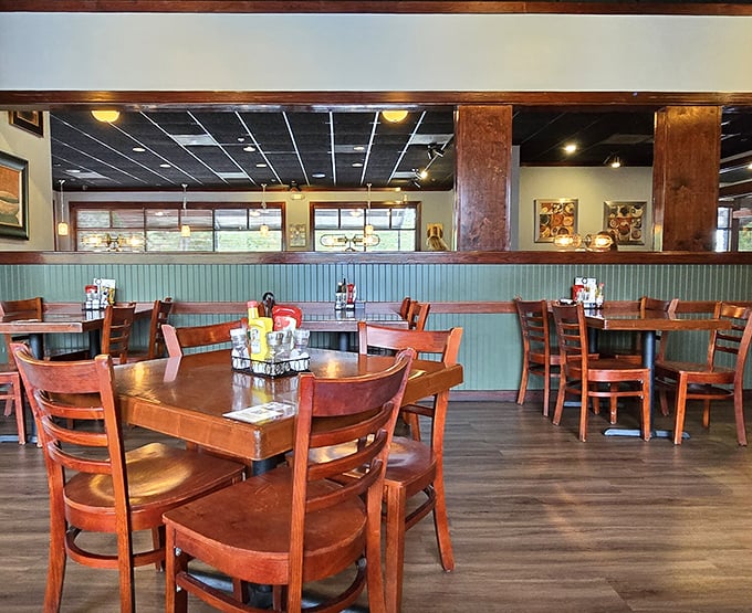 The dining area's wooden charm and spacious layout means you won't be sharing your neighbor's conversation along with your meal.
