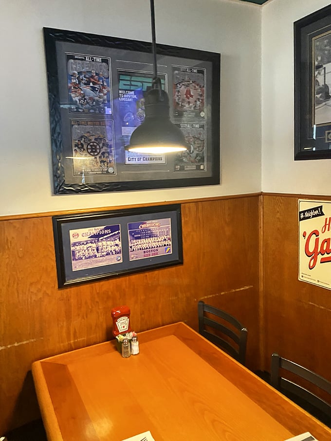 Boston sports memorabilia transforms this corner into Fenway South. Even the ketchup bottle looks like it might start chanting "Yankees Suck!"