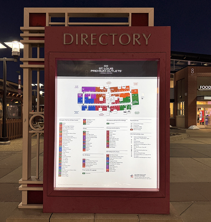 The directory stands as a treasure map to retail riches, guiding shoppers through a labyrinth of discounts with military precision.