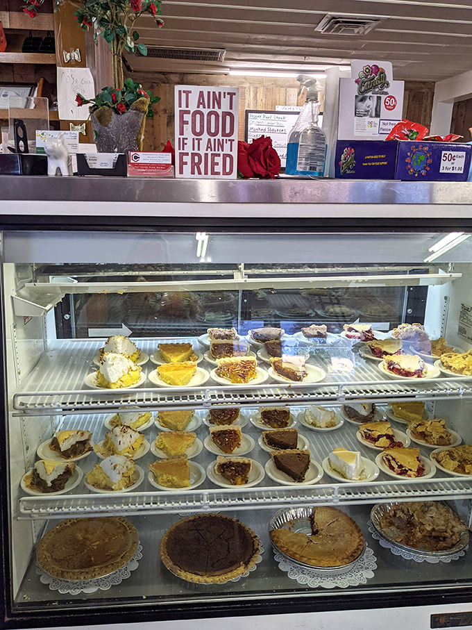 The dessert case &ndash; where willpower goes to die. Each pie and cake slice represents a different way to justify "just this once."