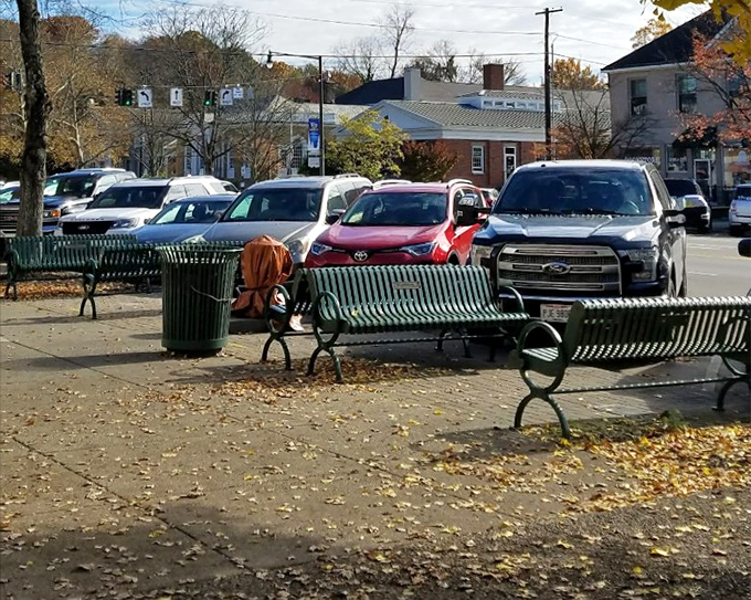 Fall leaves scatter across downtown benches, nature's confetti celebrating another beautiful autumn day in small-town America.