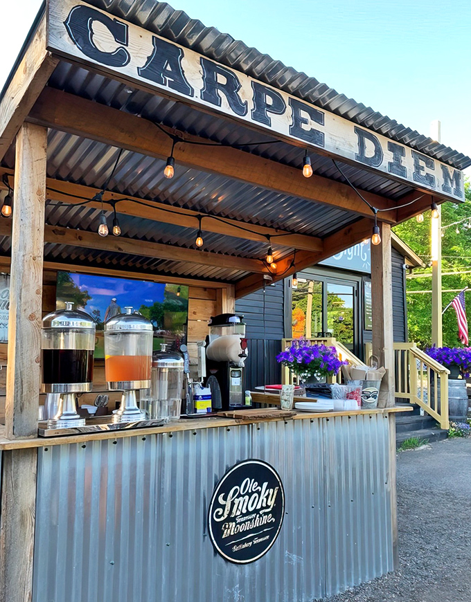 "CARPE DIEM" indeed&mdash;seize the day and the moonshine at this rustic outdoor drink stand where summer memories are made.