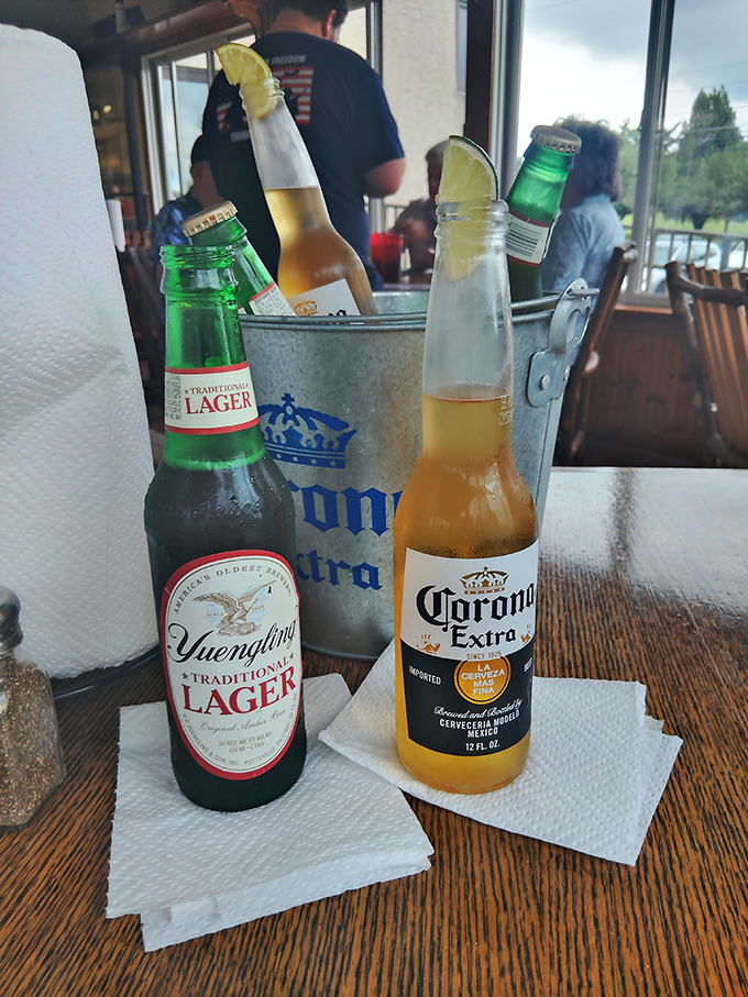 Corona meets Yuengling in an ice bucket of possibilities. These cold companions are ready to wash down whatever seafood treasures you select.