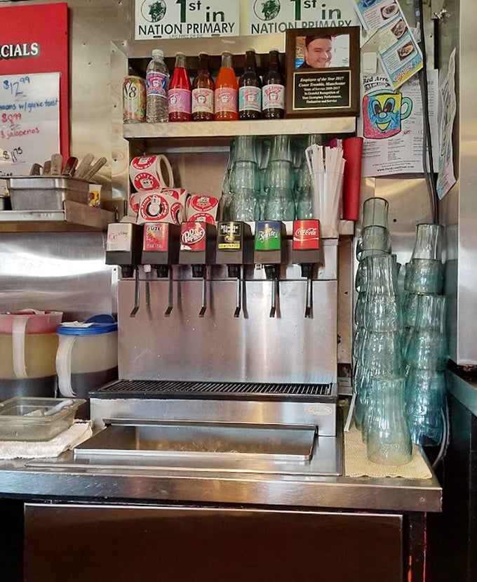 The soda fountain setup&mdash;where liquid happiness flows freely and decisions between cola and root beer become momentarily life-altering.