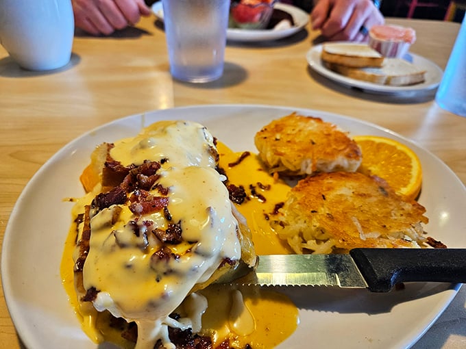 Benedict perfection: the hollandaise cascades like a yellow waterfall over what might be the most important meal invention ever.