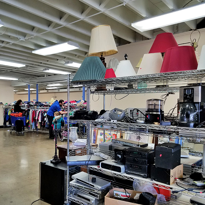 Electronics and lamps create an eclectic showroom where vintage meets modern in delightful chaos.