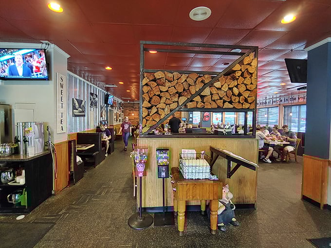 The dining area feels like a BBQ lover's living room. Those wooden chairs have supported countless happy diners in their moment of food bliss.
