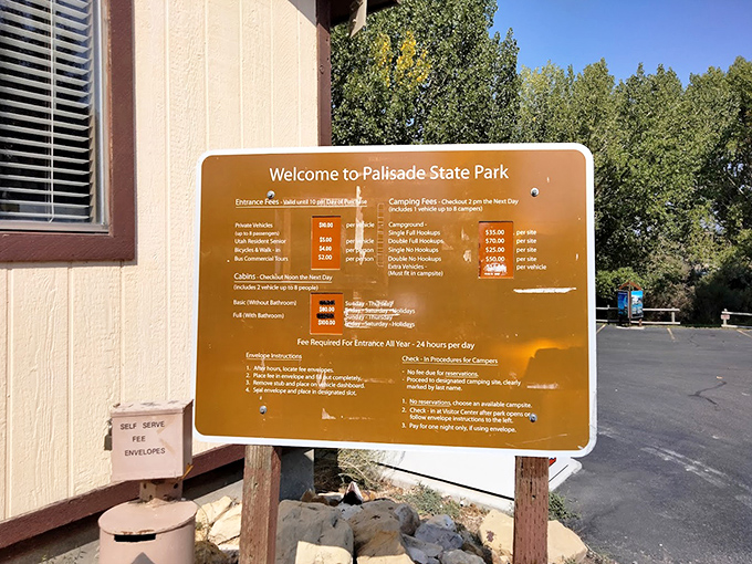 The entrance sign that answers all your burning questions except "Why didn't I come here sooner?" Day use: worth every penny.