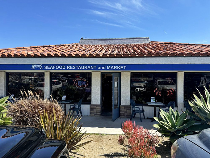 The Spanish-style architecture stands out against the California blue sky. That mast on top is the cherry on this seafood sundae.