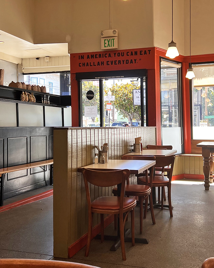 "In America, you can eat challah everyday" proclaims the sign, and suddenly you're wondering why you haven't been doing exactly that.