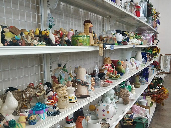 Ceramic creatures standing at attention, waiting for adoption. That duck might be kitsch to some, but he's character to others.